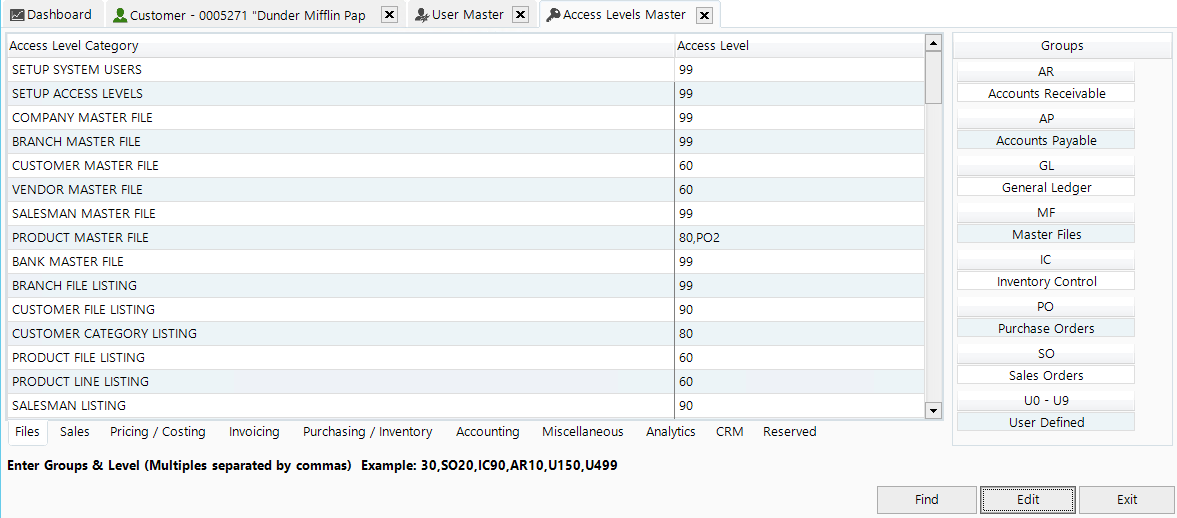 Define and assign access levels to users