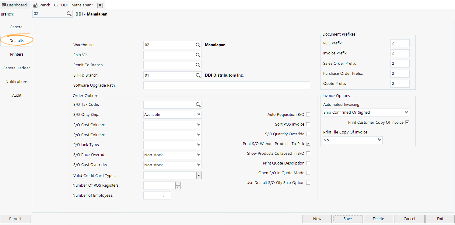 Set up default branch order, prefix, and invoice options