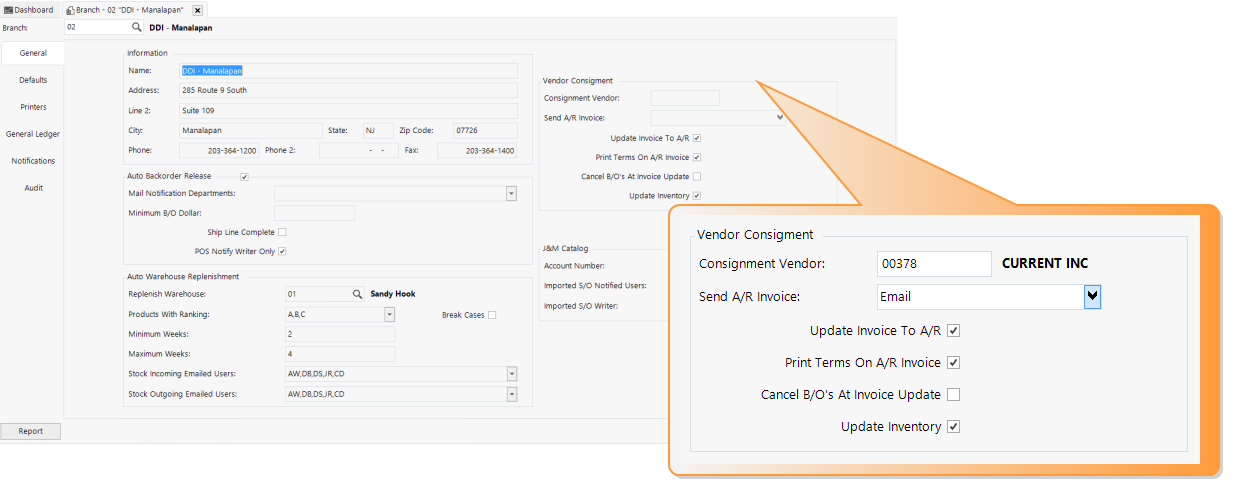 Set up branch level vendor consignments