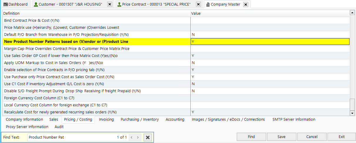 Configure pattern requirements for product numbers