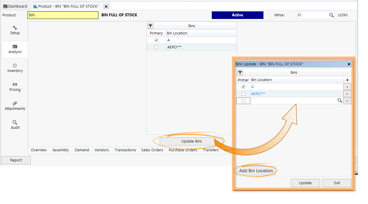 Update product bin locations