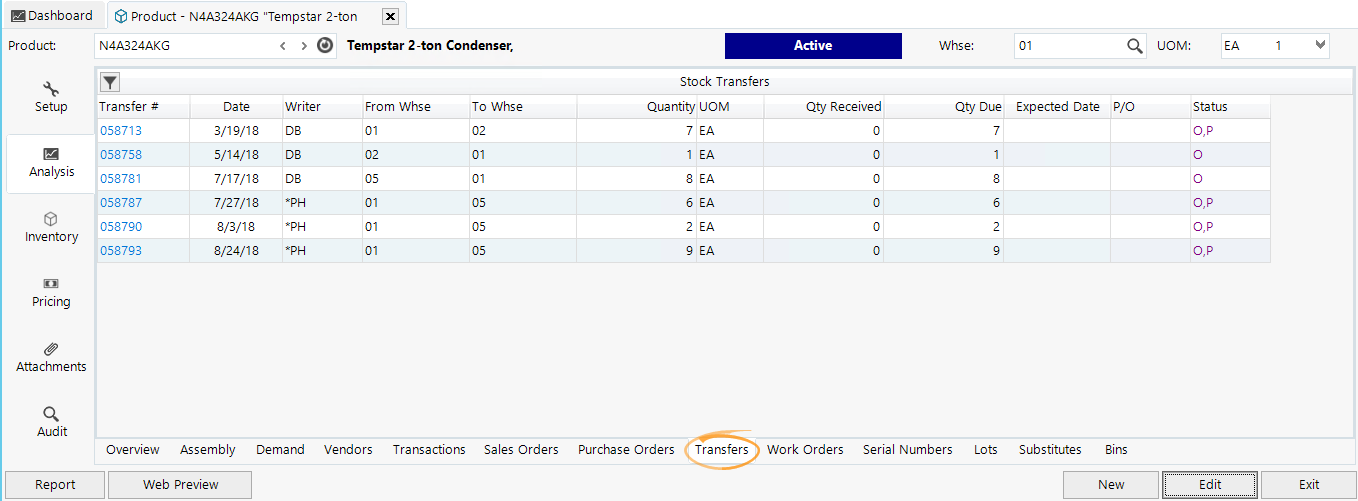View a product's open stock transfers