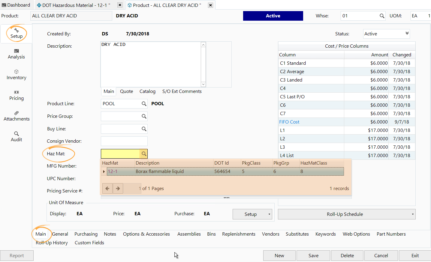 Set up hazardous material classifications