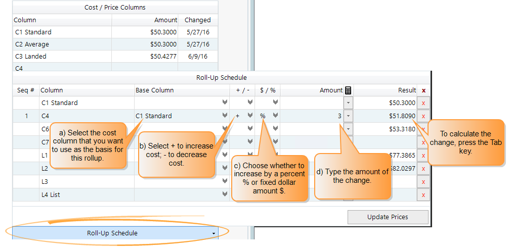 Set a price roll-up schedule