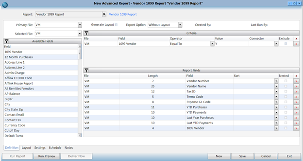 Produce a vendor 1099 report