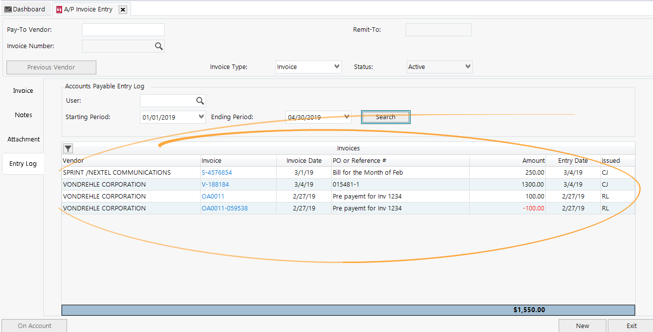 View a log of invoice entries