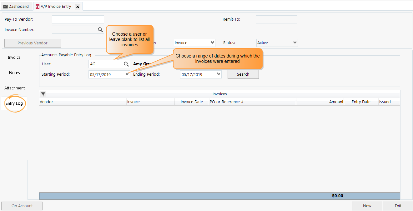 View a log of invoice entries