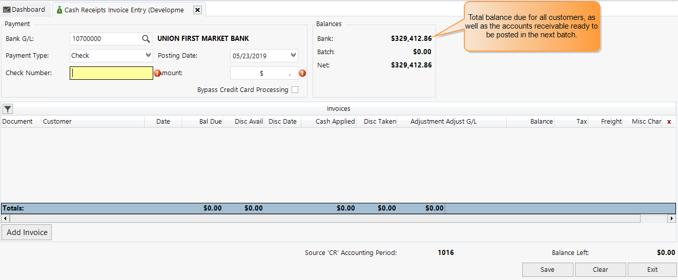 Post cash receipts by invoice