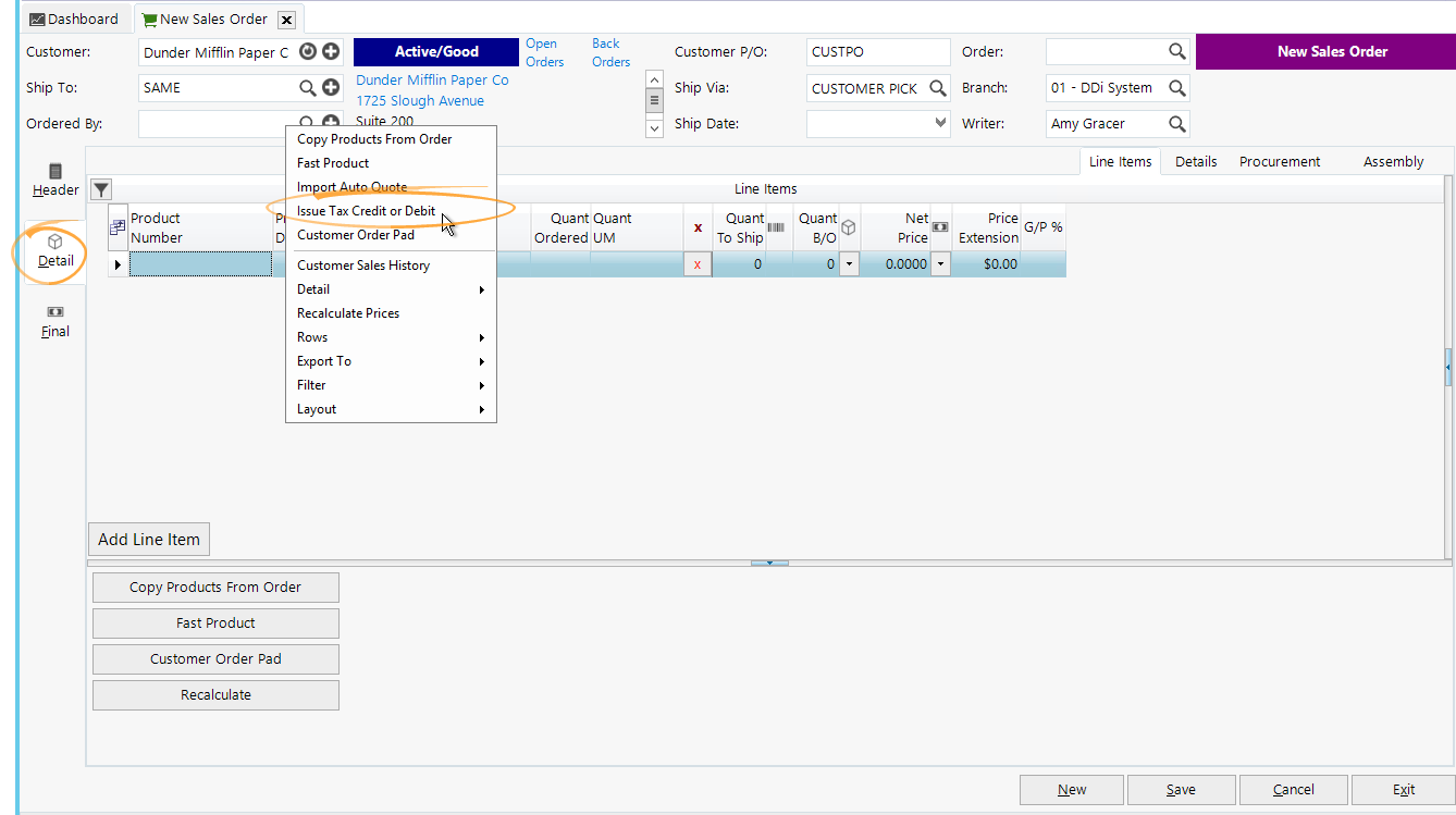 Enter sales tax credits and debits