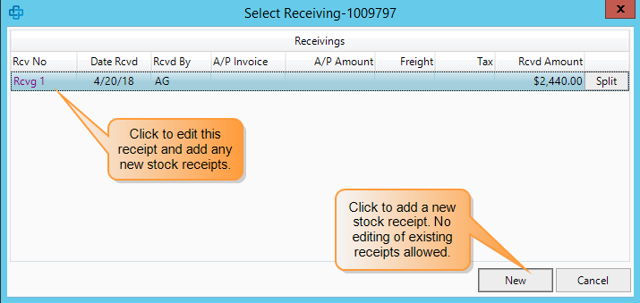 Log stock receipts against purchase orders