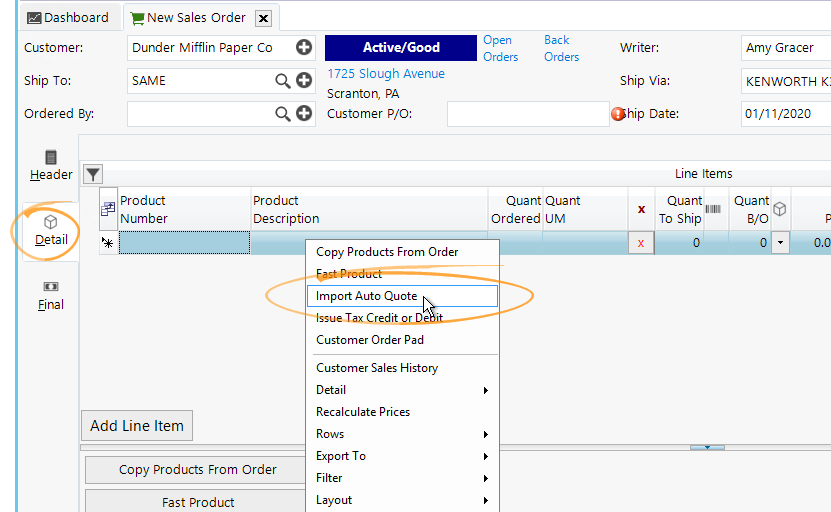 Import an AutoQuotes project into your sales order or quote