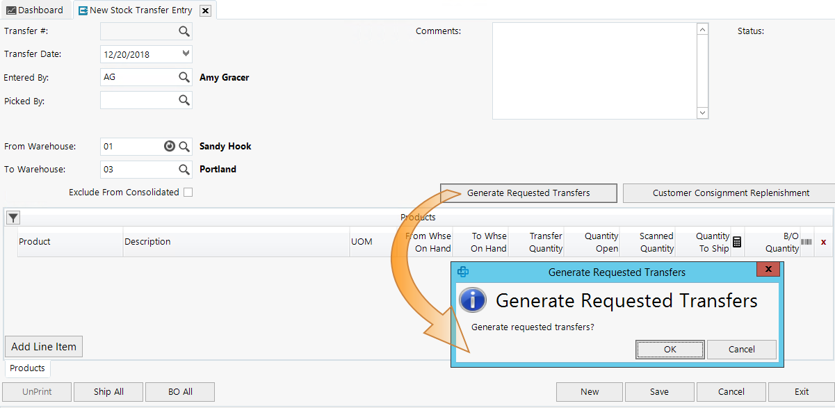 Create, view, and edit requests to transfer stock between warehouses