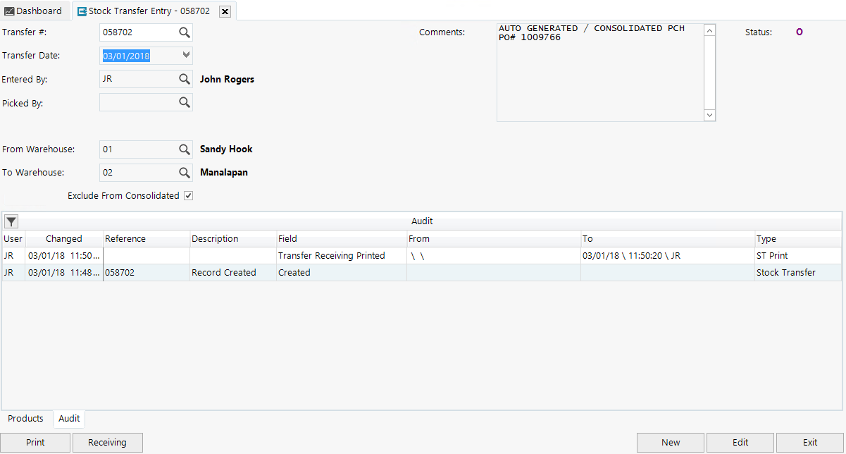 Create, view, and edit requests to transfer stock between warehouses