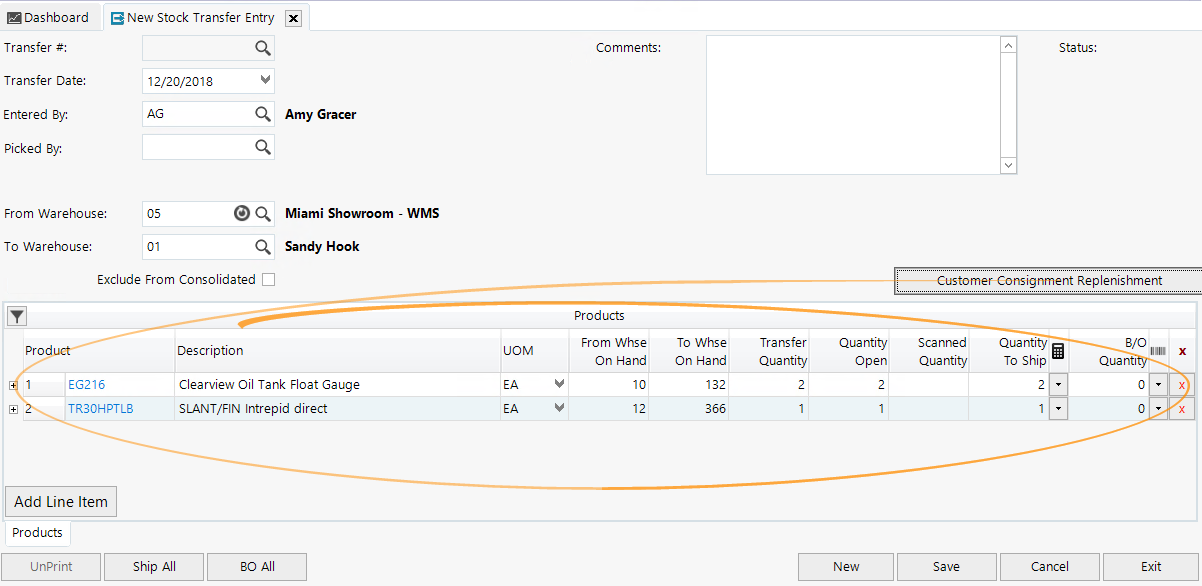 Create, view, and edit requests to transfer stock between warehouses