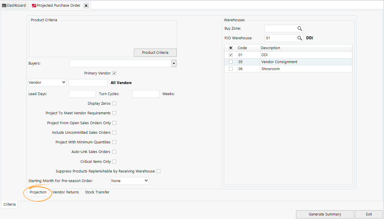 Create projected purchase orders, vendor returns, and stock transfers