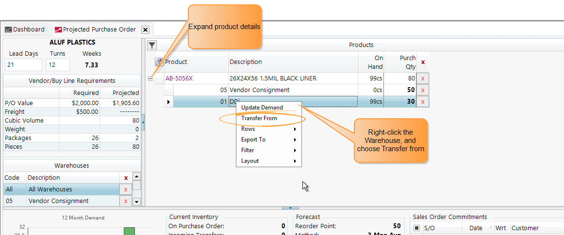 Create projected purchase orders, vendor returns, and stock transfers
