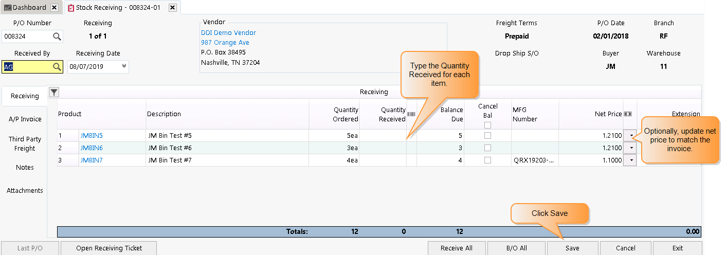 Log stock receipts against purchase orders