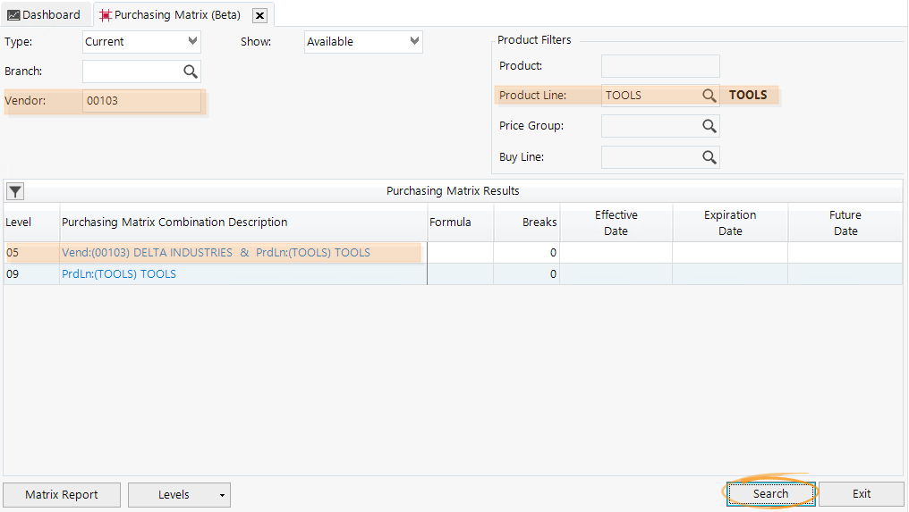 Create a purchasing matrix formula