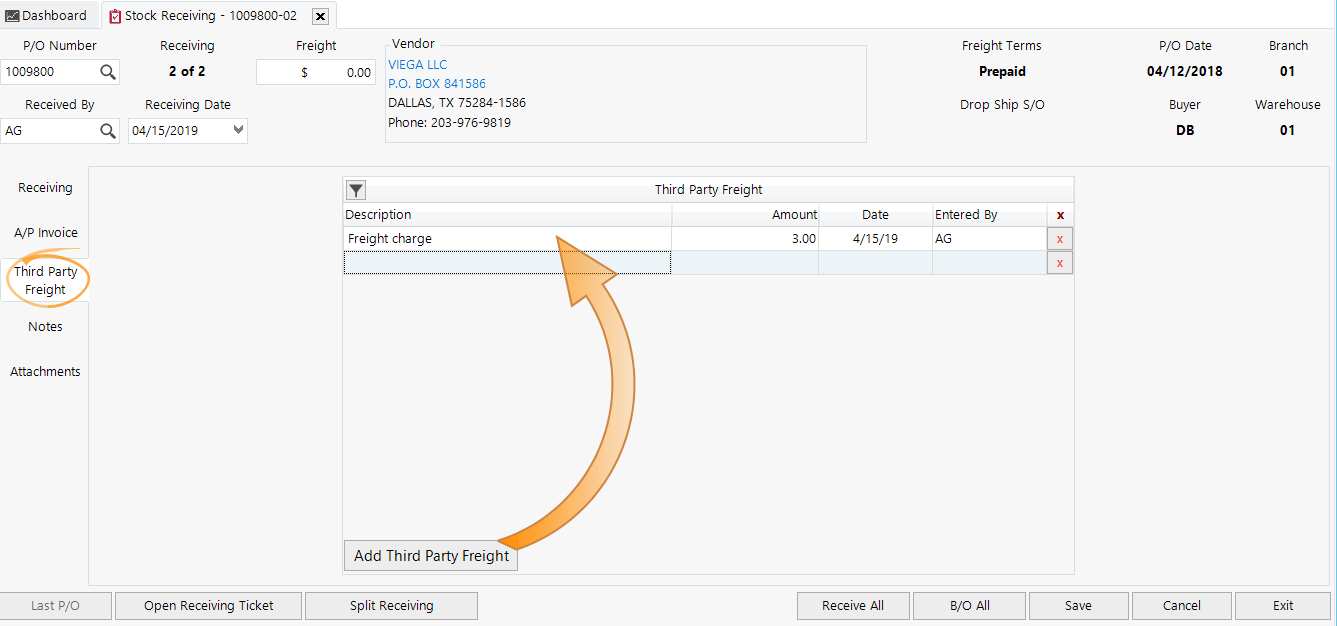 Add third party freight charges for stock receipts