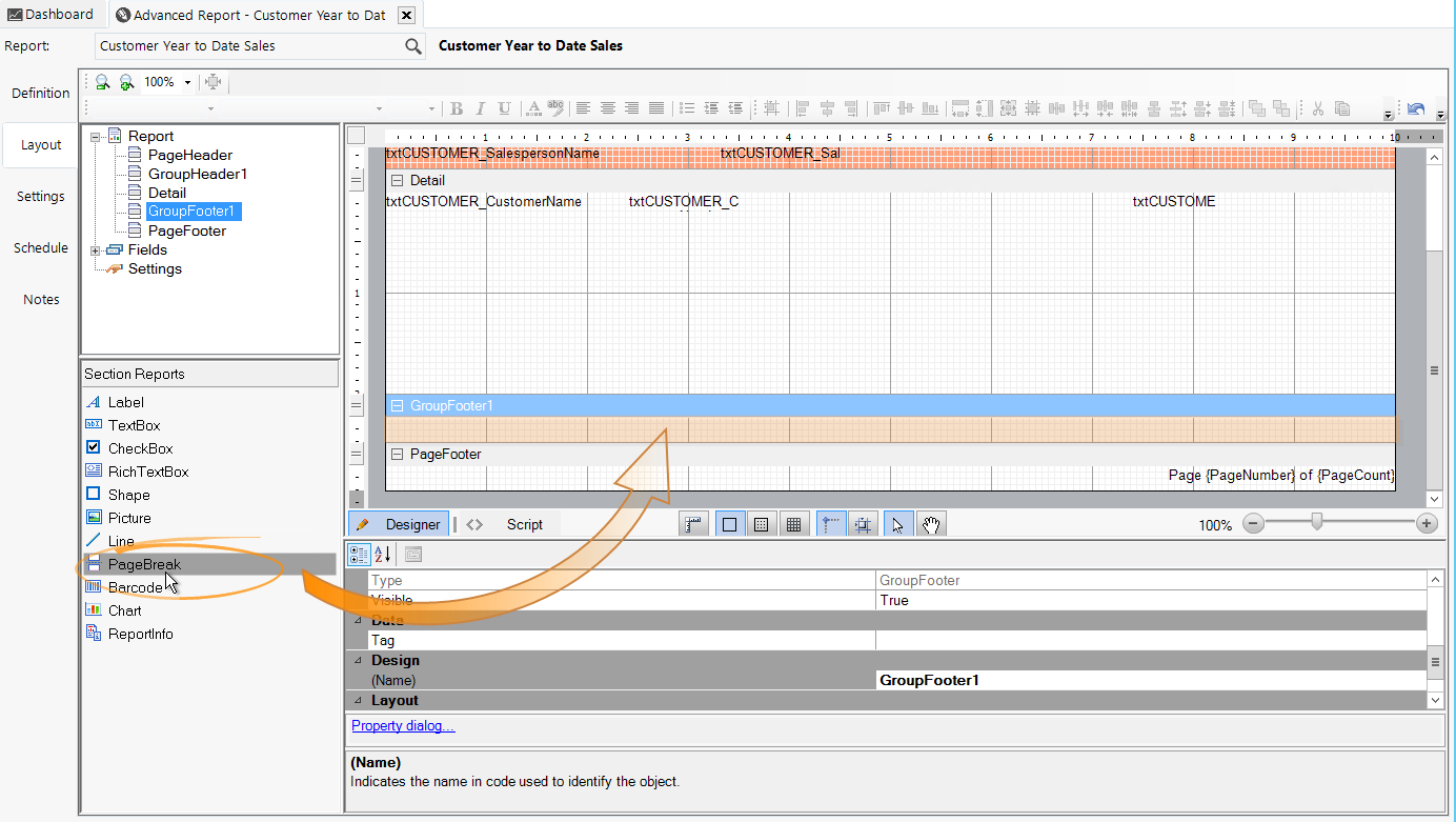 Insert page breaks into an ARW report