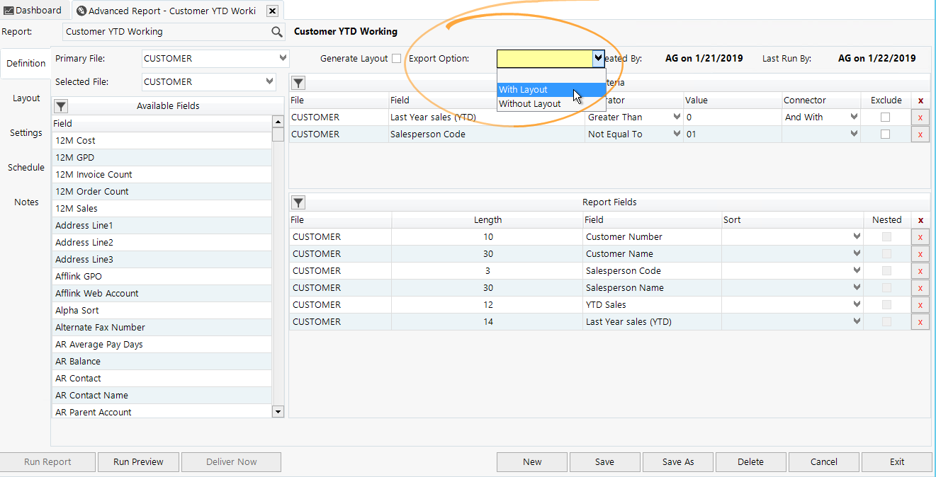 Export an ARW report with layout for Excel