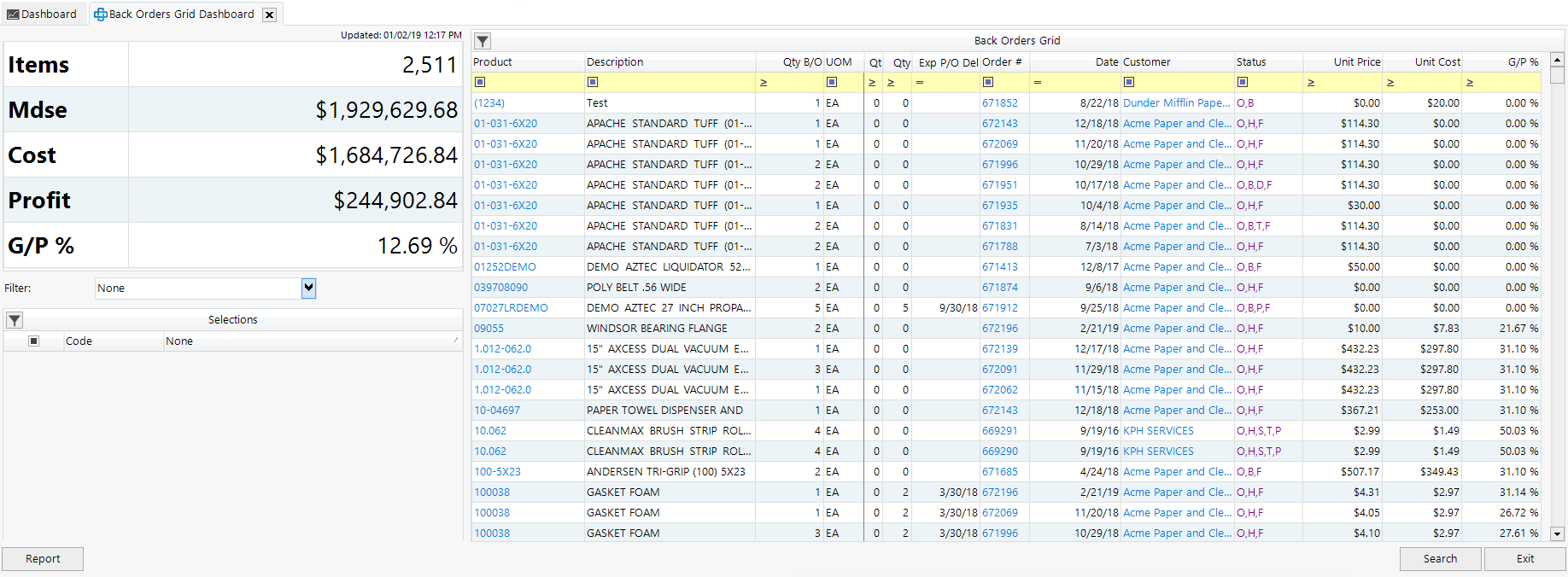 Review all backorders (Back Orders Grid Dashboard)