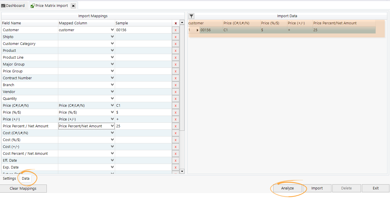 Import price matrix or price contracts