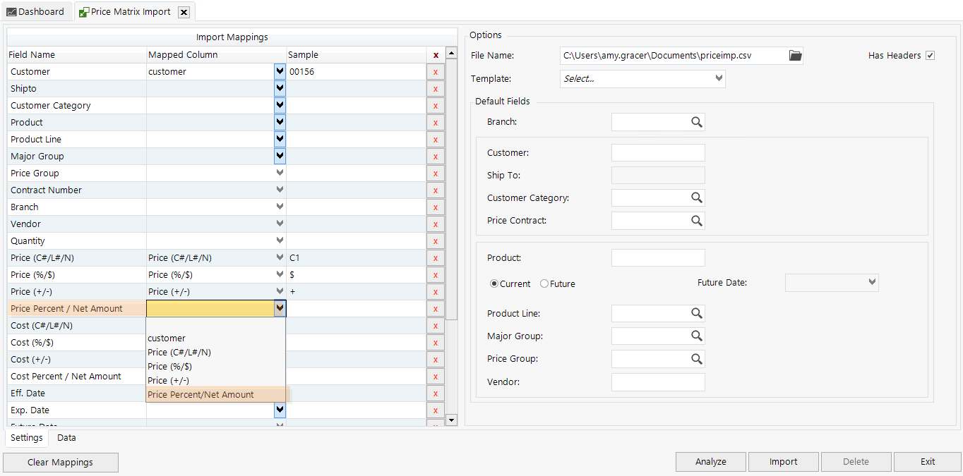 Import price matrix or price contracts