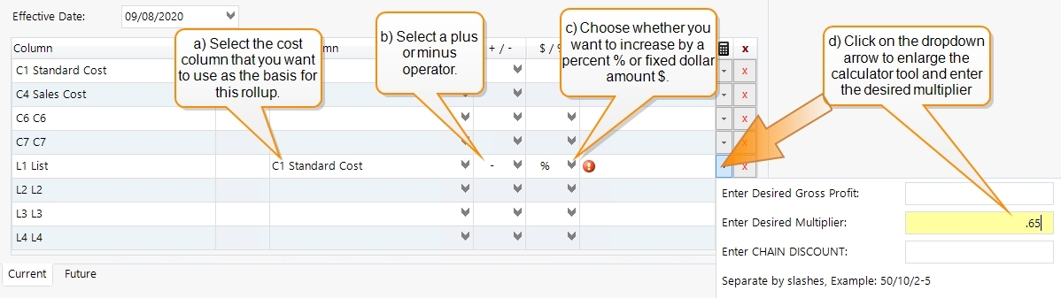 Set a price roll-up schedule