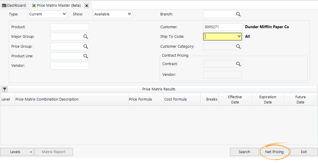 Enter a net price in the price matrix