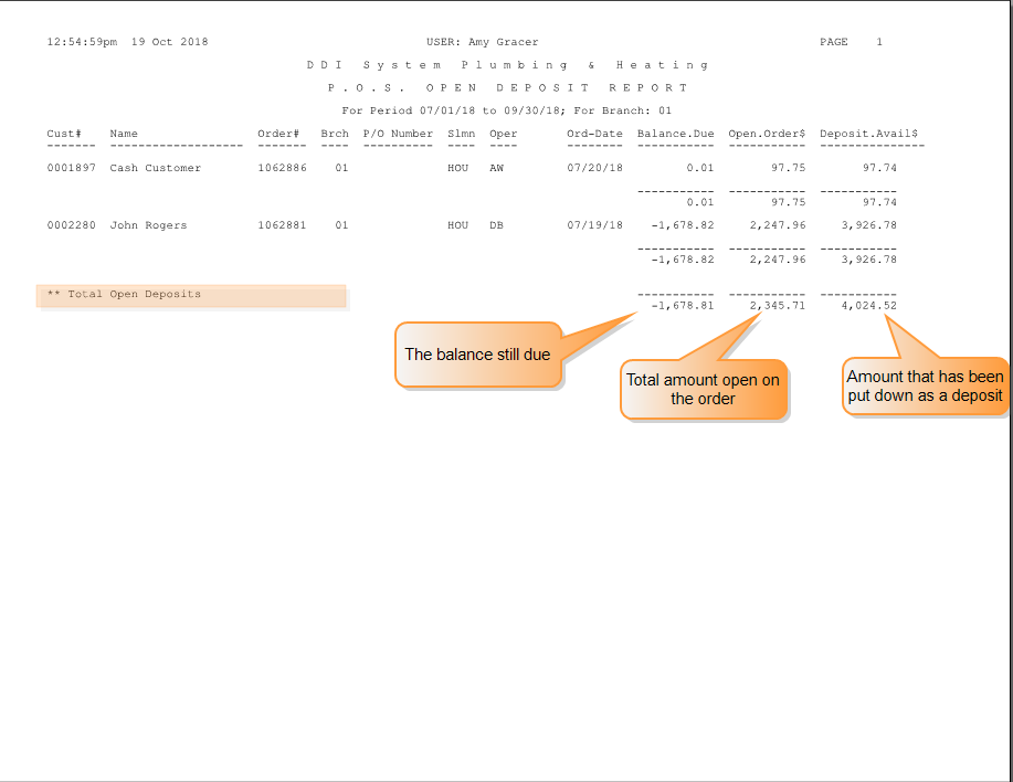 POS Open Deposit report