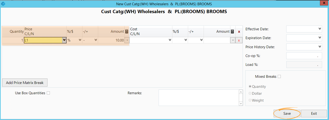 Create a price formula in the matrix