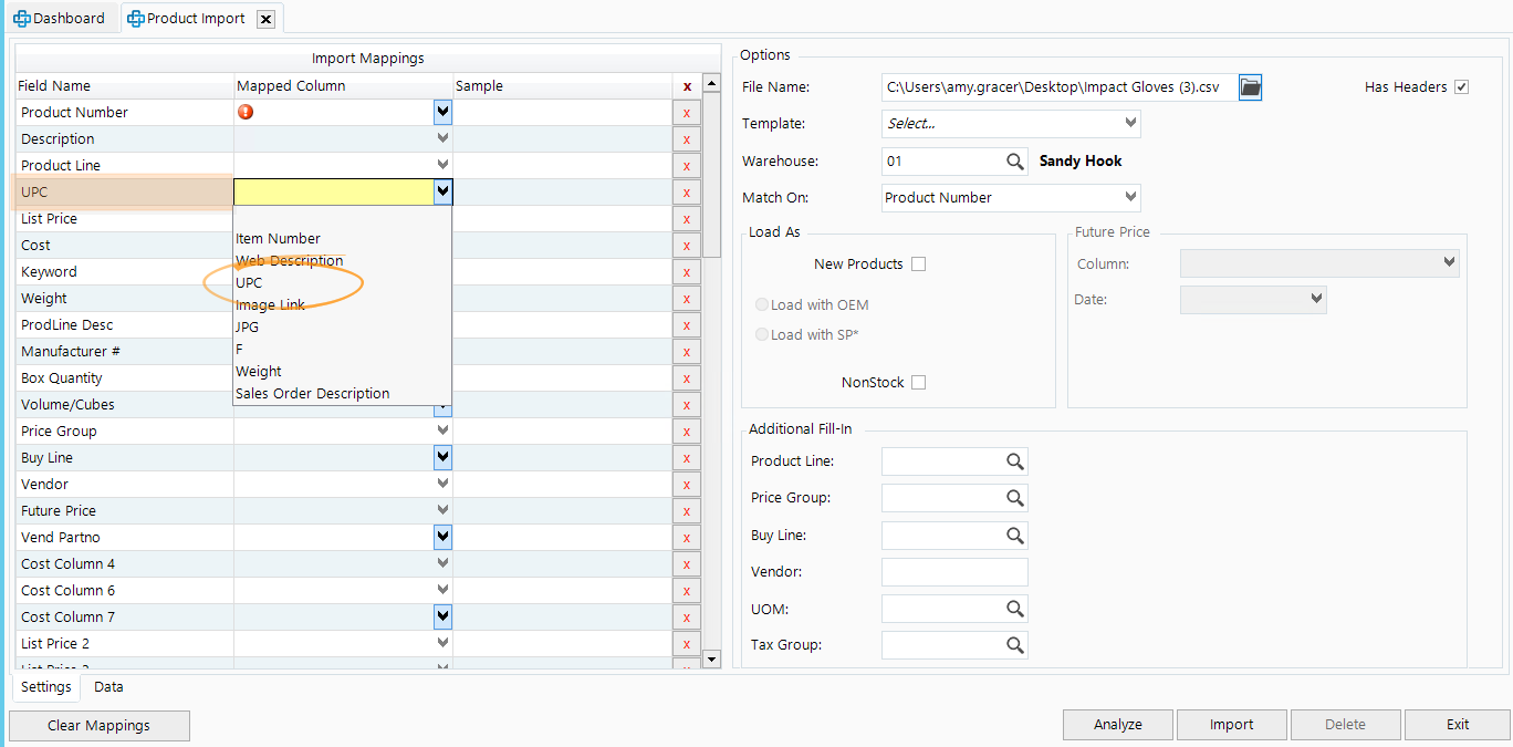 Import product information