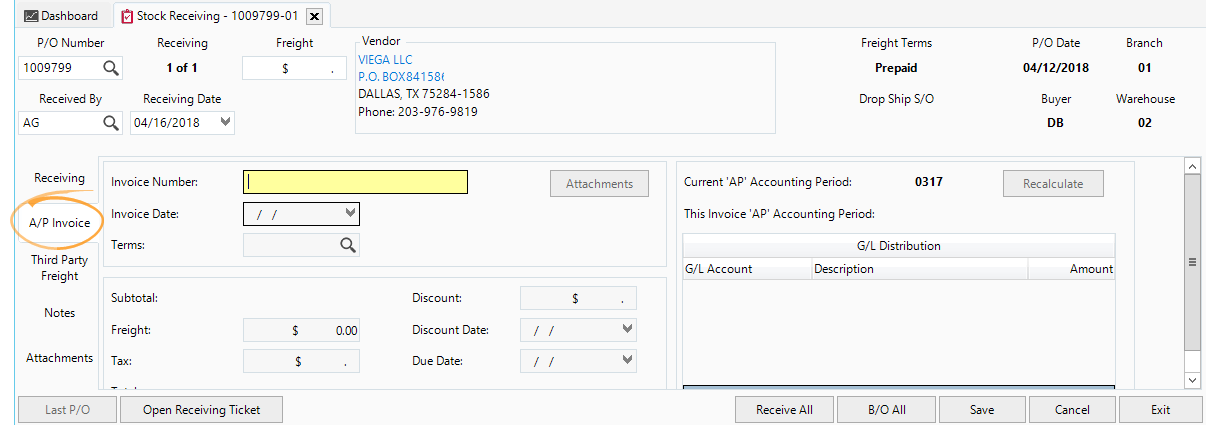 Enter an invoice for a PO receivable