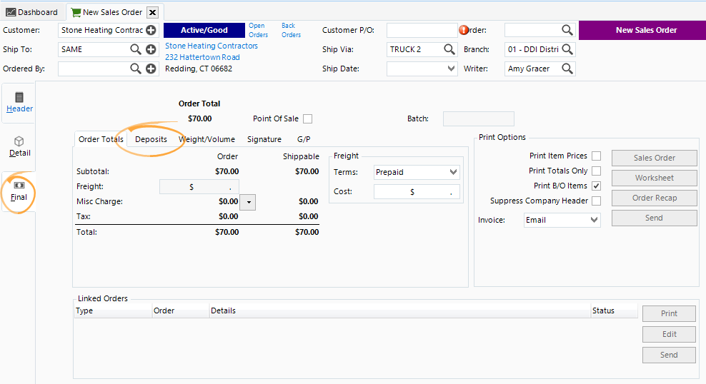 Create a deposit invoice for a sales order