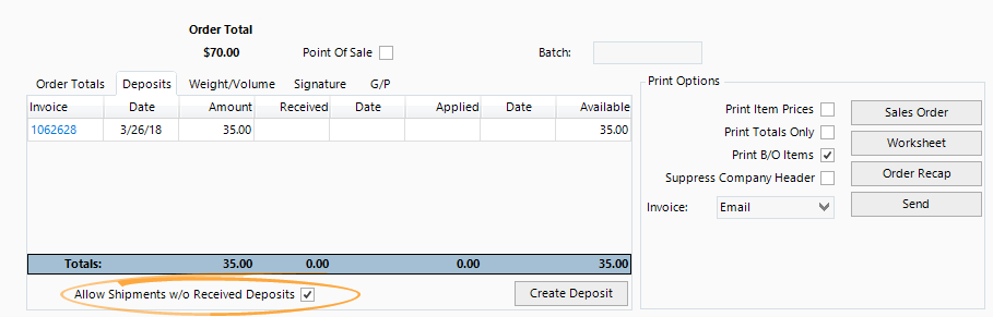 Create a deposit invoice for a sales order